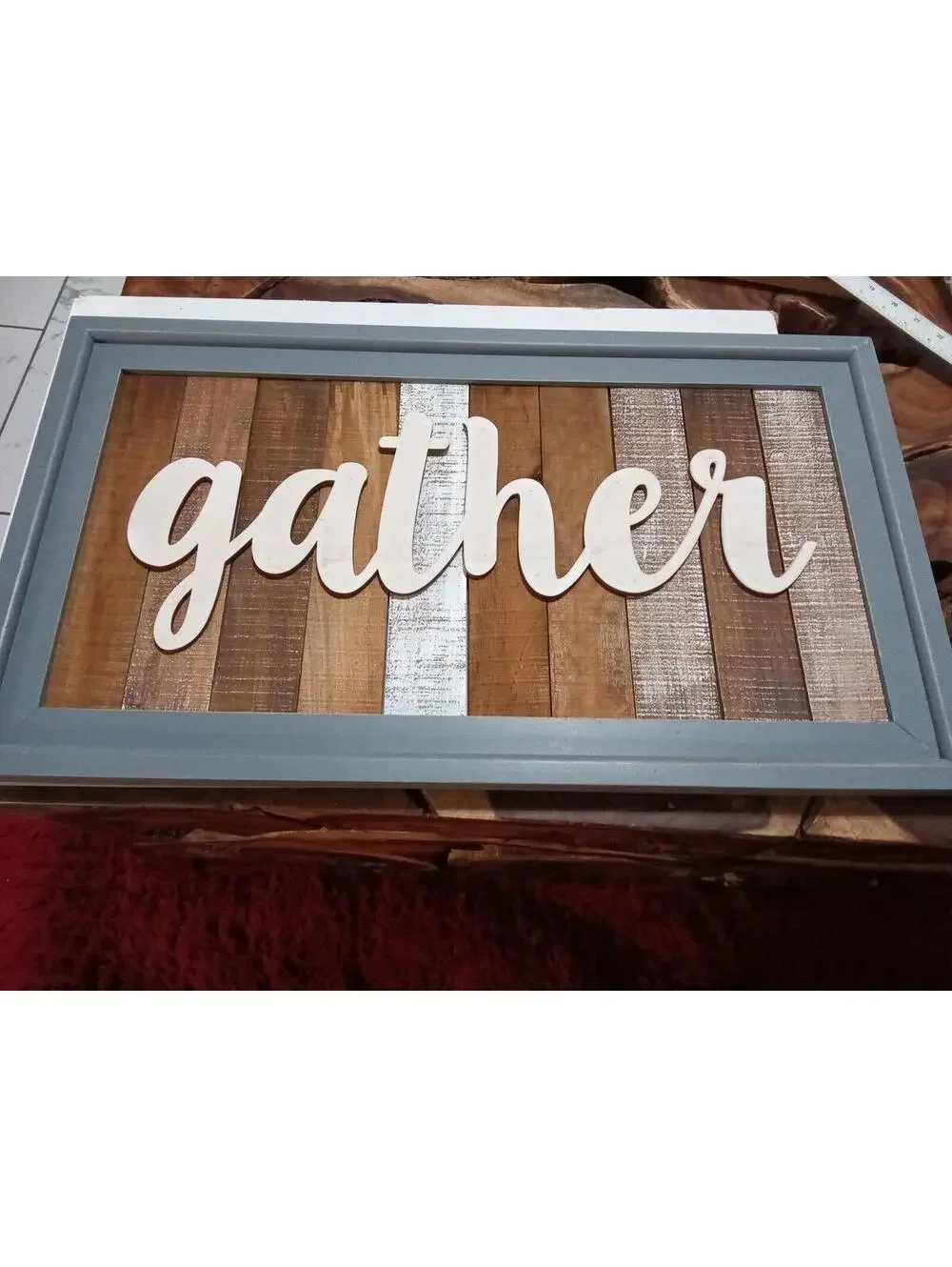 Accents | Rustic Wooden Gather Wall Sign With Blue Frame 28x16 | Poshmark